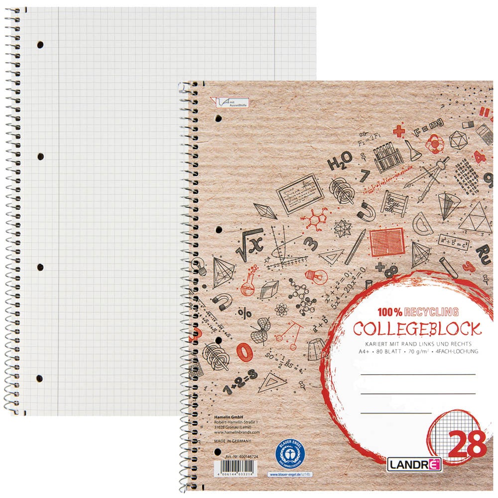 LANDRÉ® Collegeblock Recycling Lineatur 28 kariert DIN A4 Innen- und ...