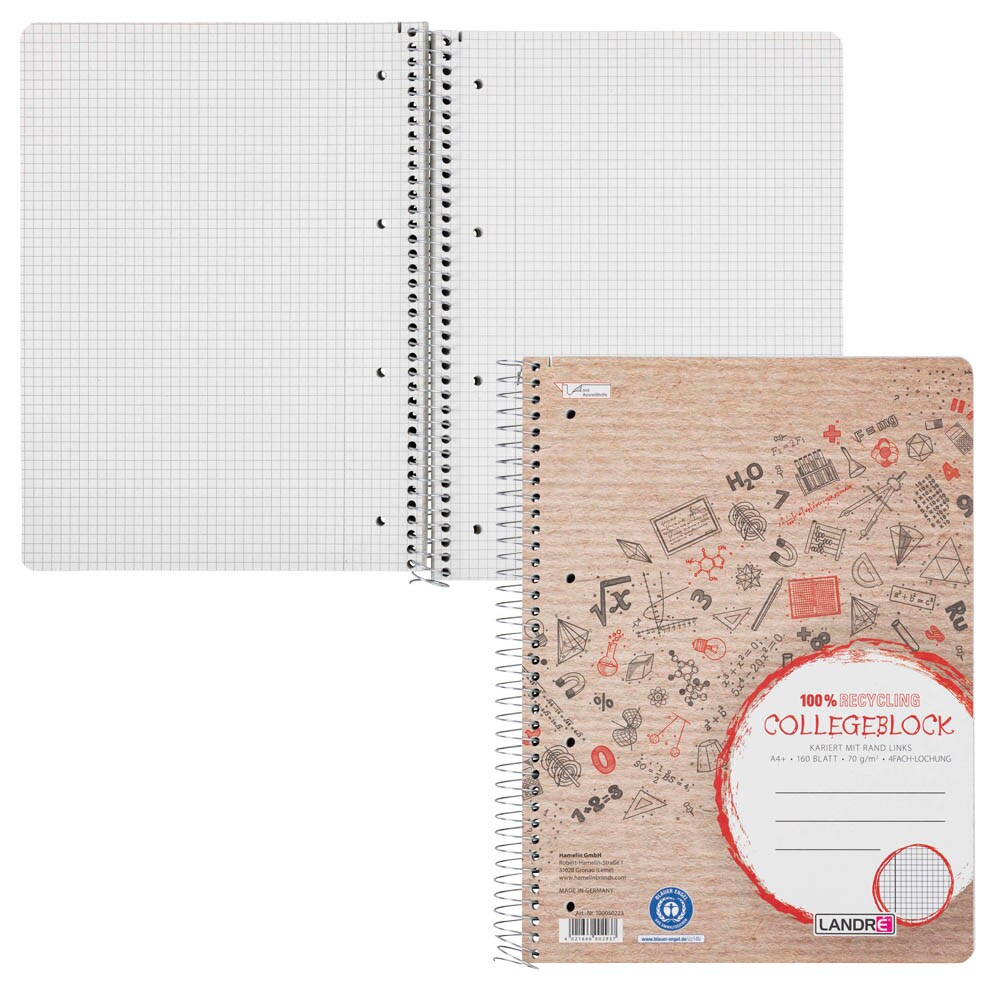 LANDRÉ® Collegeblock Recycling kariert DIN A4 Innenrand >> büroshop24